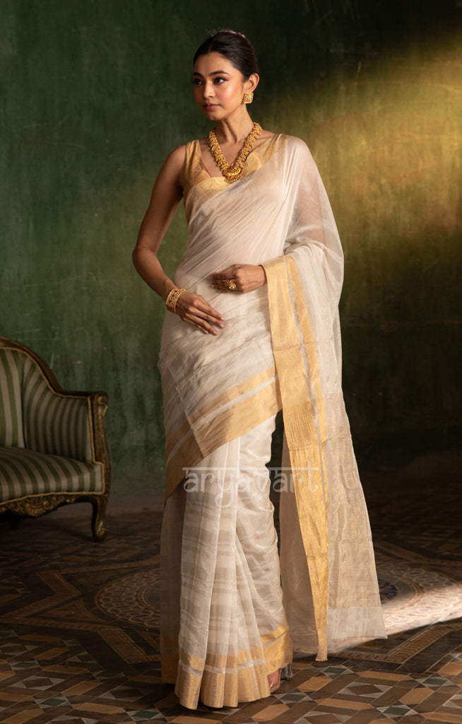 Swarn White Silk Cotton Chanderi Saree With Horizontal Strips in Silve ...