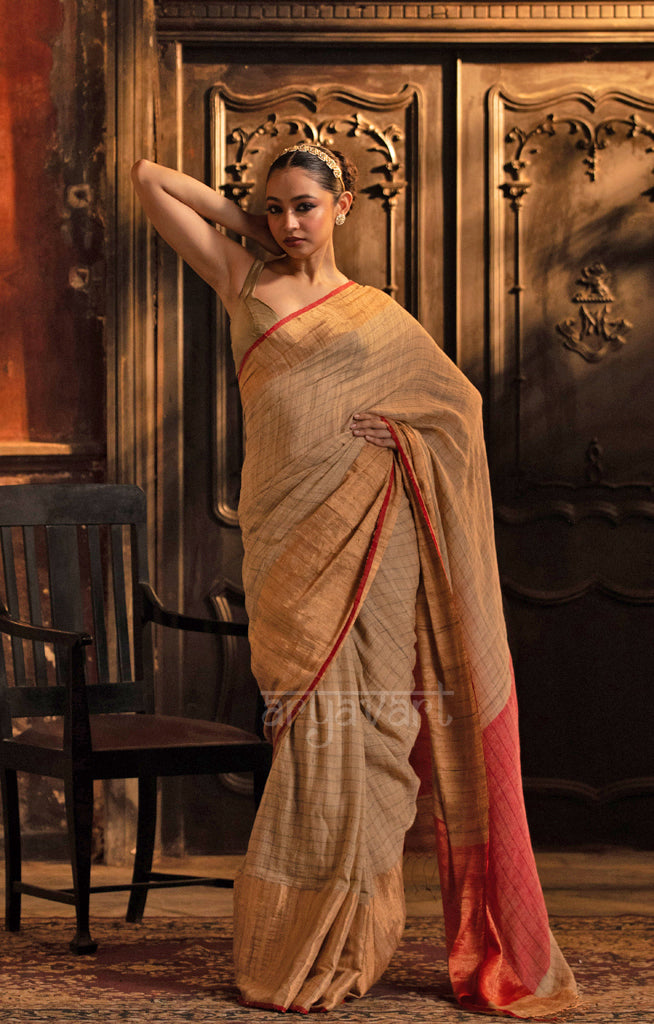 Ghicha Silk Saree With Gold Border – Thearyavart